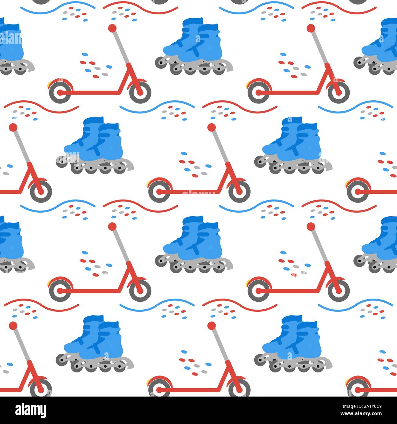 Vector seamless pattern with rollers, kick scooter. Athletic, healthy ...