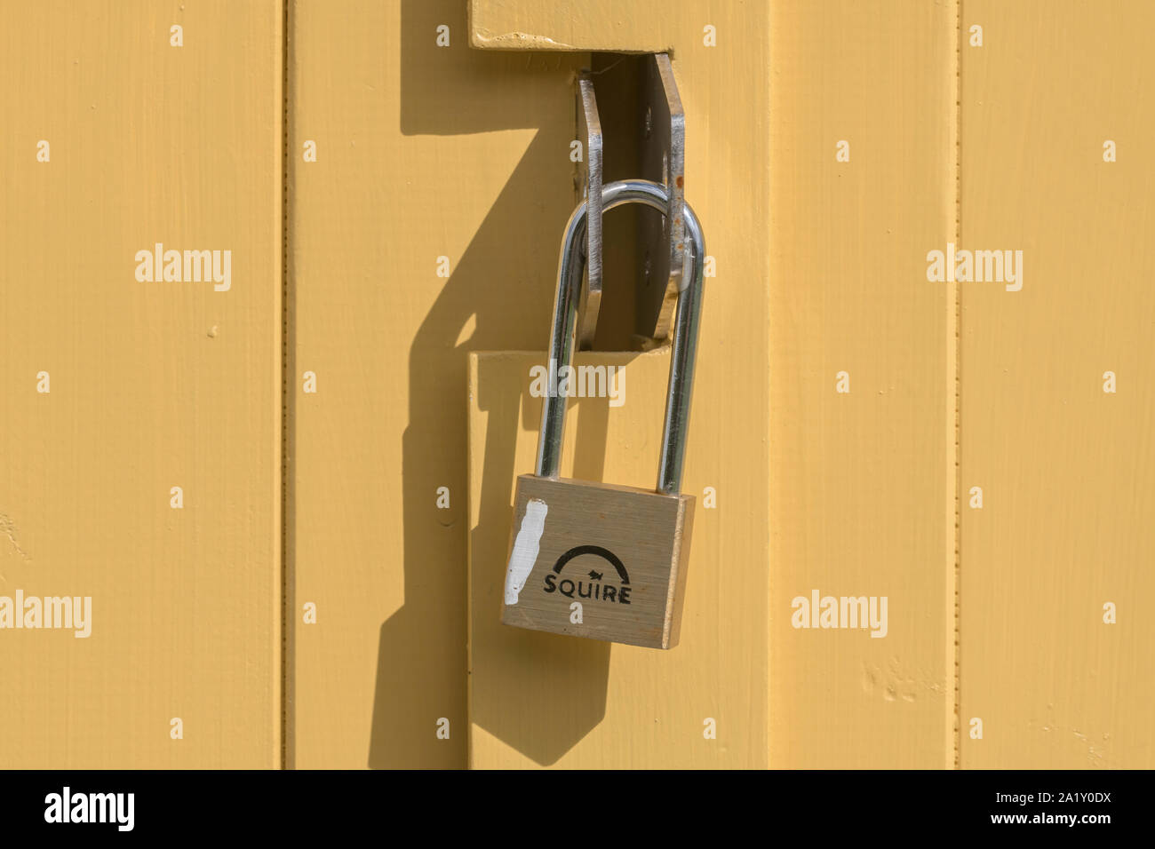 Close shot padlocked beach hut door @ Par Beach, Cornwall. Locked in ...