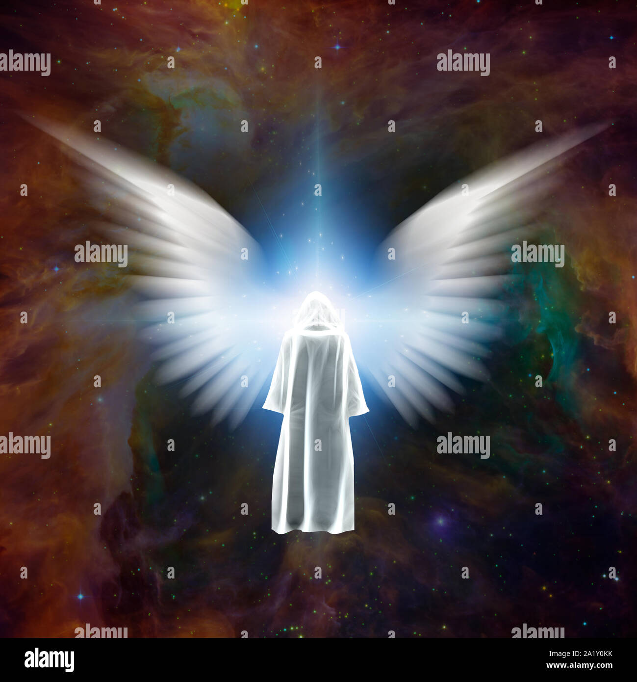 Surreal digital art. Figure of man in white cloak stands before bright ...
