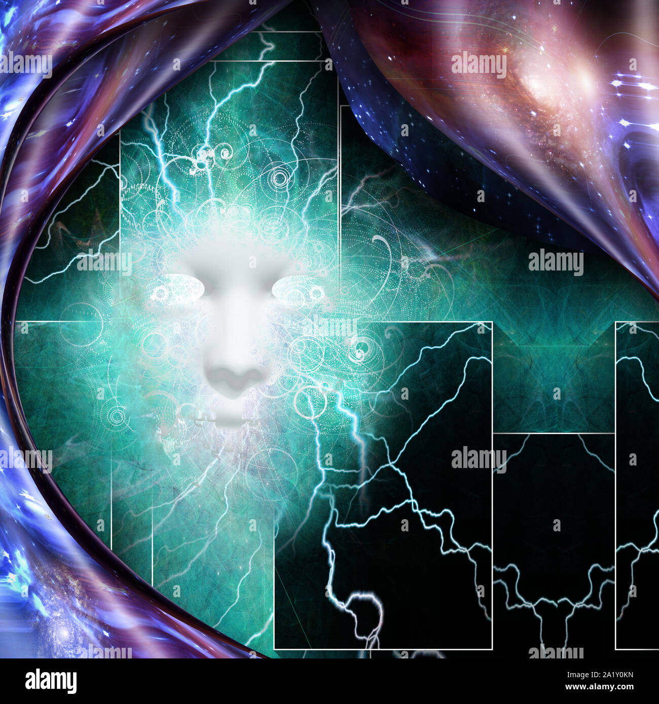 Surrealism. Mystic mask with lightnings. Warped space Stock Photo - Alamy