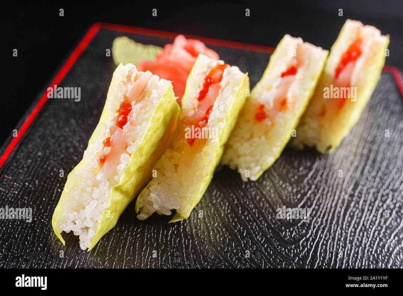 Triangular pieces. Japanese food, tasty of meal for lunch. Seafood ...