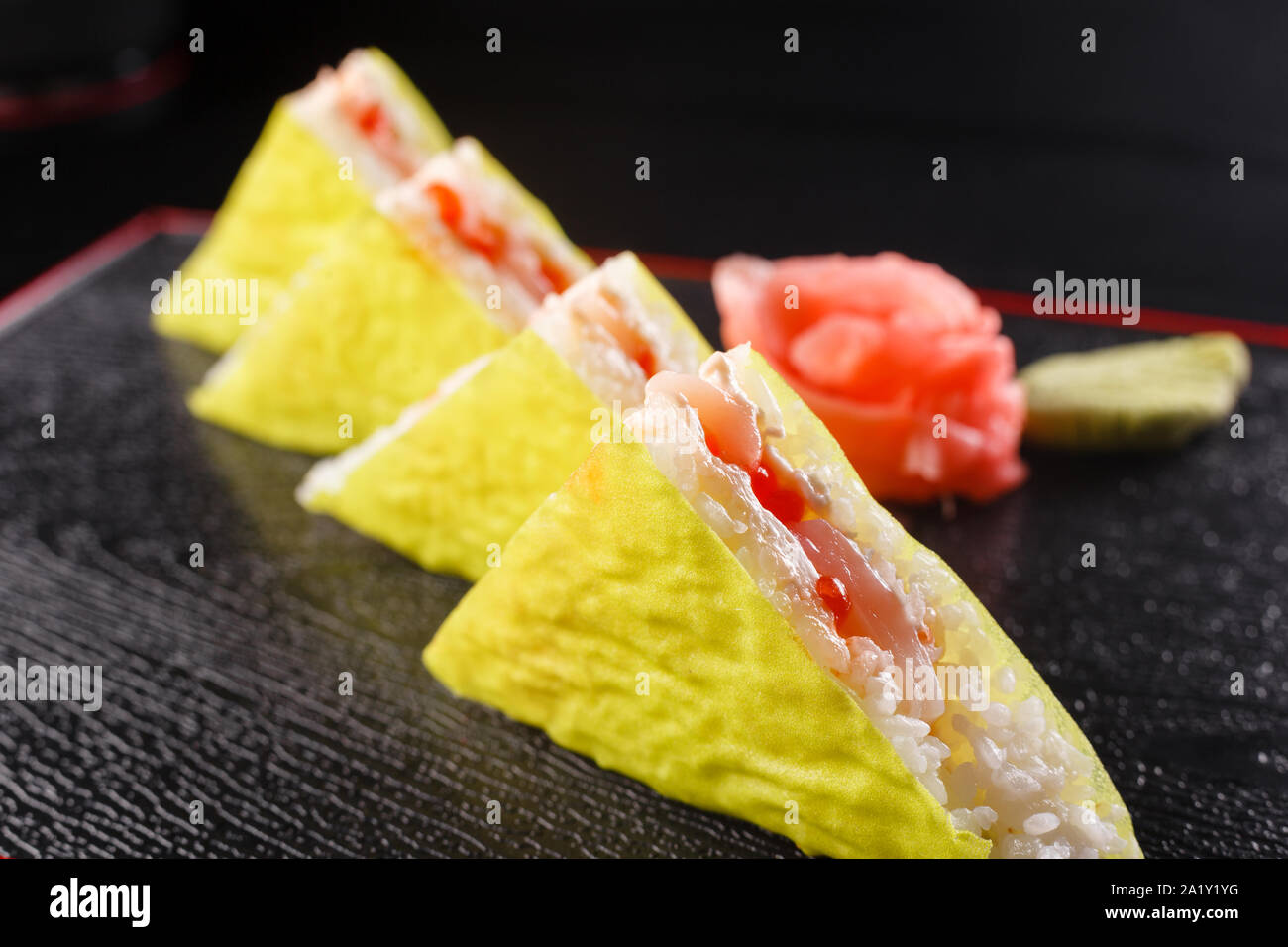 Triangular pieces. Japanese food, tasty of meal for lunch. Seafood ...