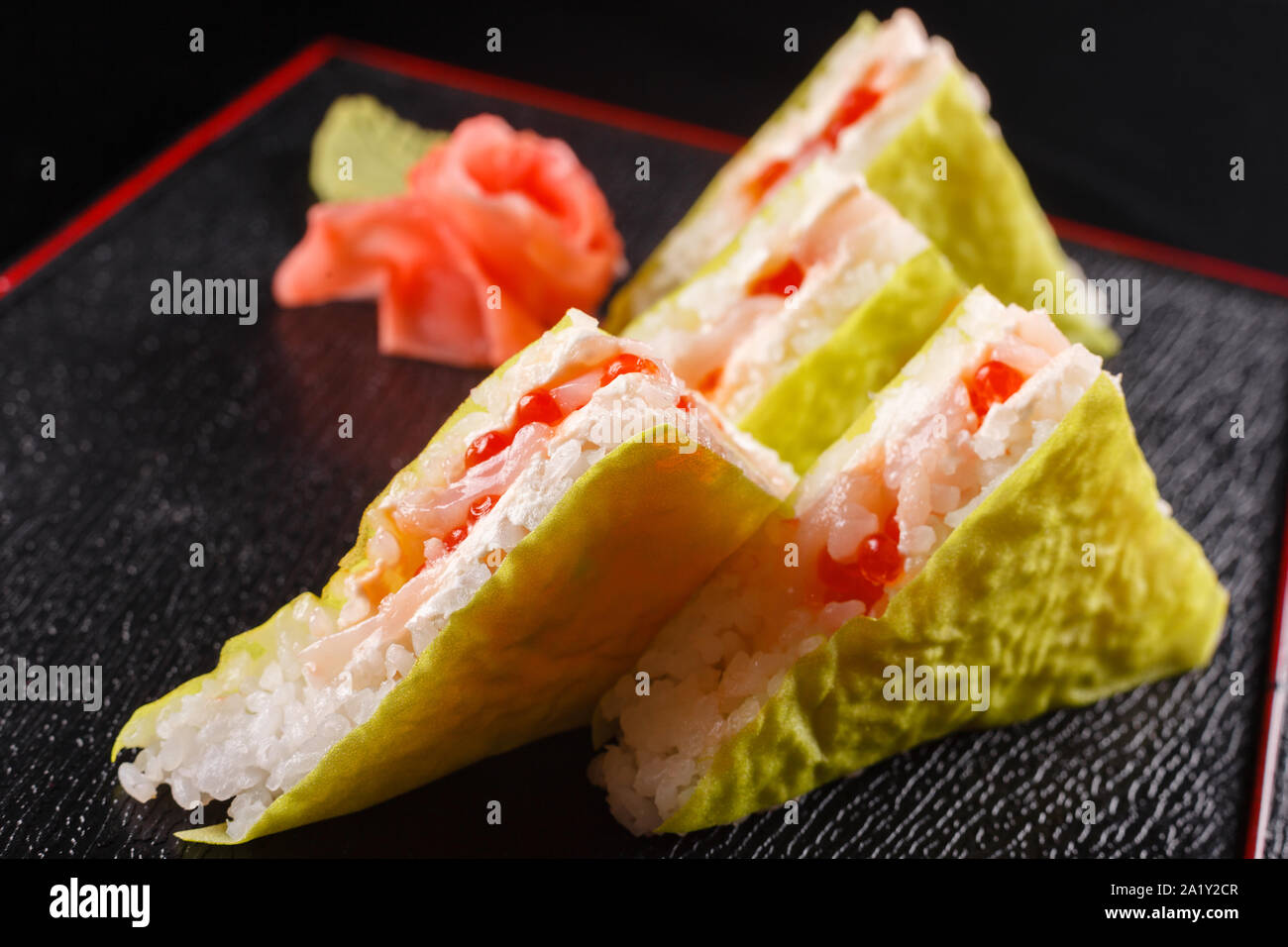 Triangular pieces. Japanese food, tasty of meal for lunch. Seafood ...