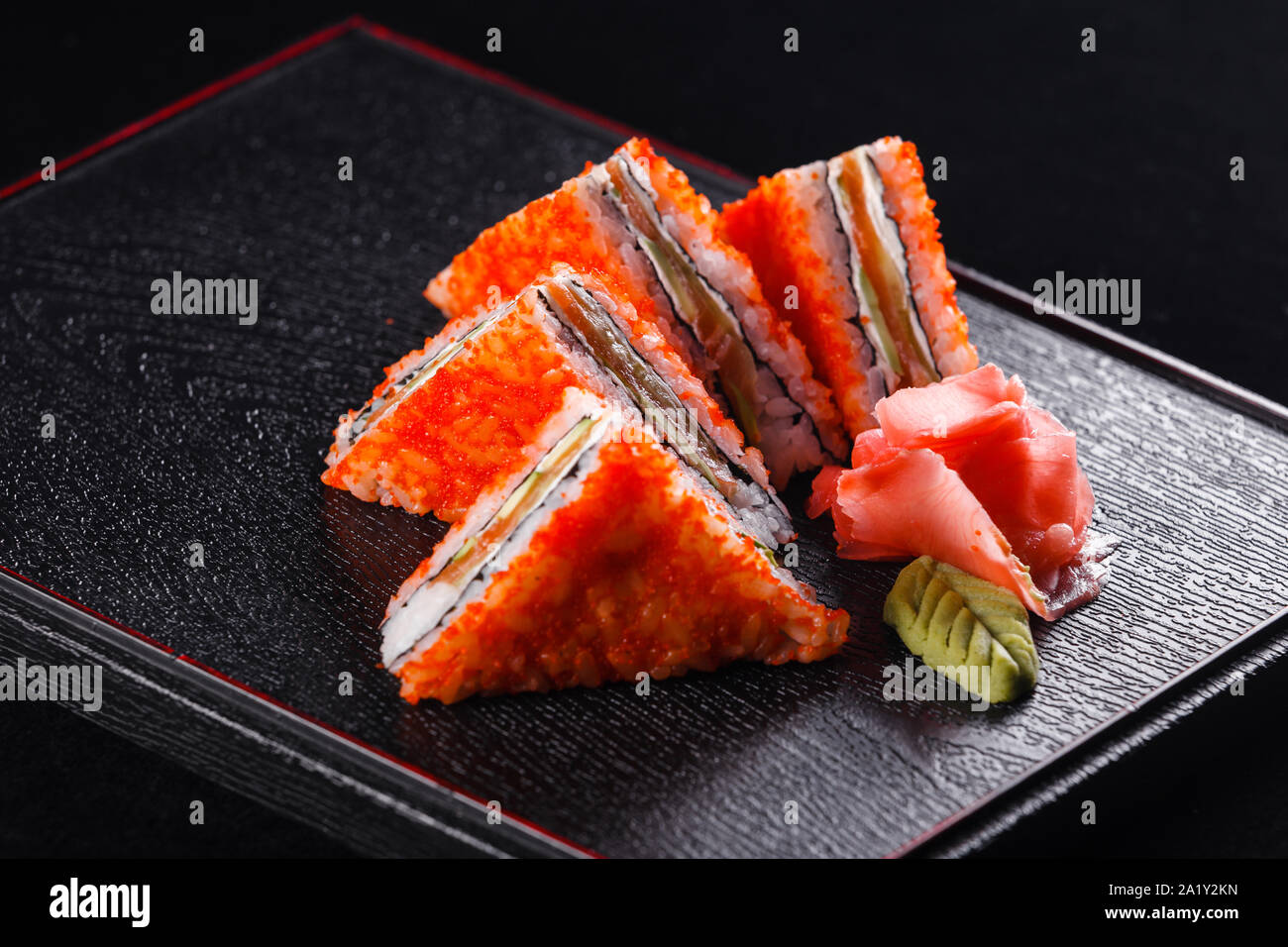 Triangular pieces. Japanese food, tasty of meal for lunch. Seafood ...