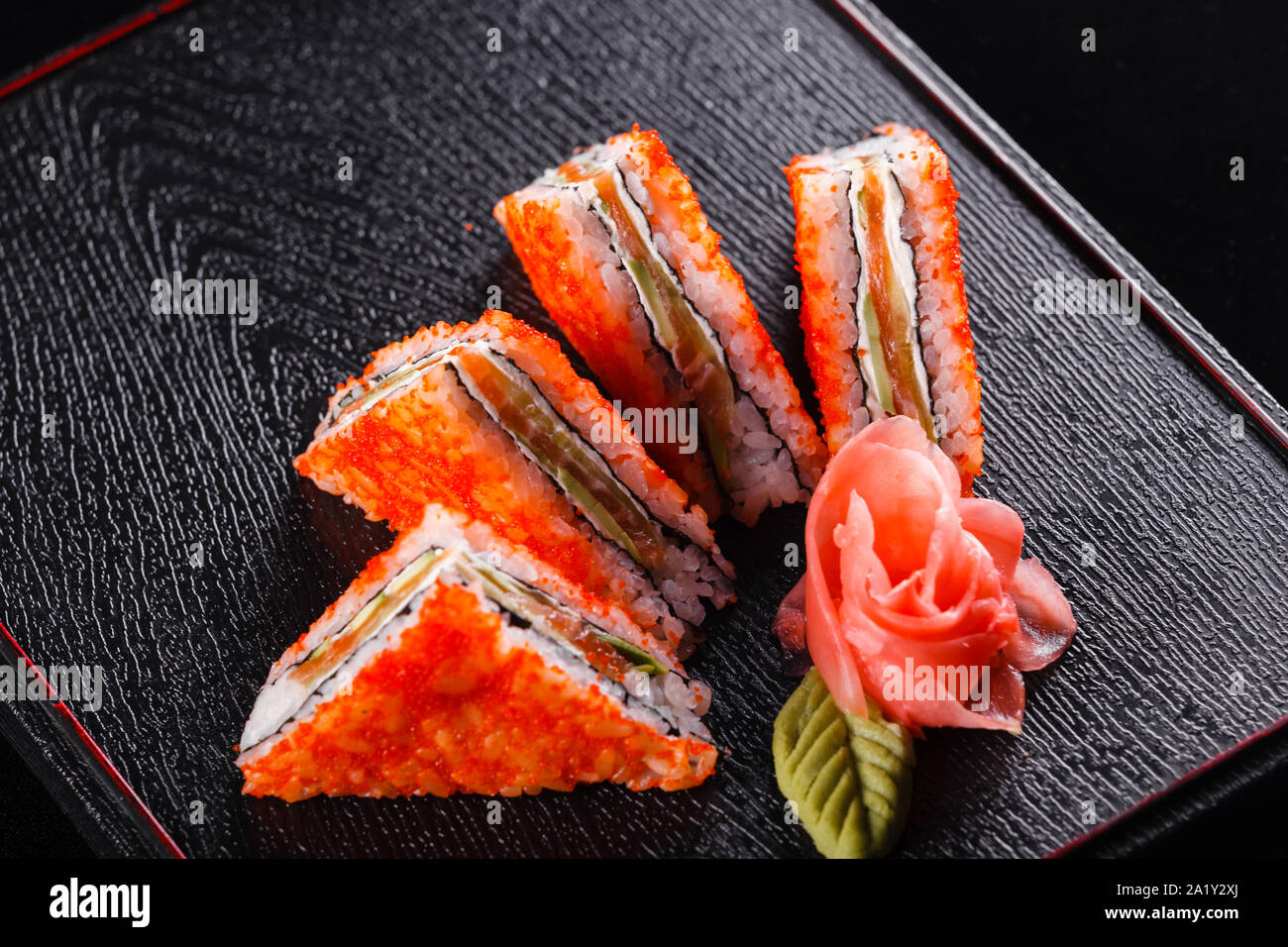 Triangular pieces. Japanese food, tasty of meal for lunch. Seafood ...