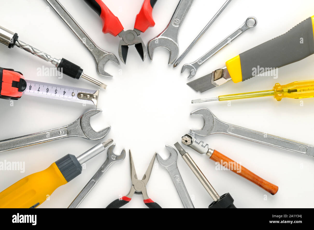 Set tools arranged around circle on white background Stock Photo - Alamy