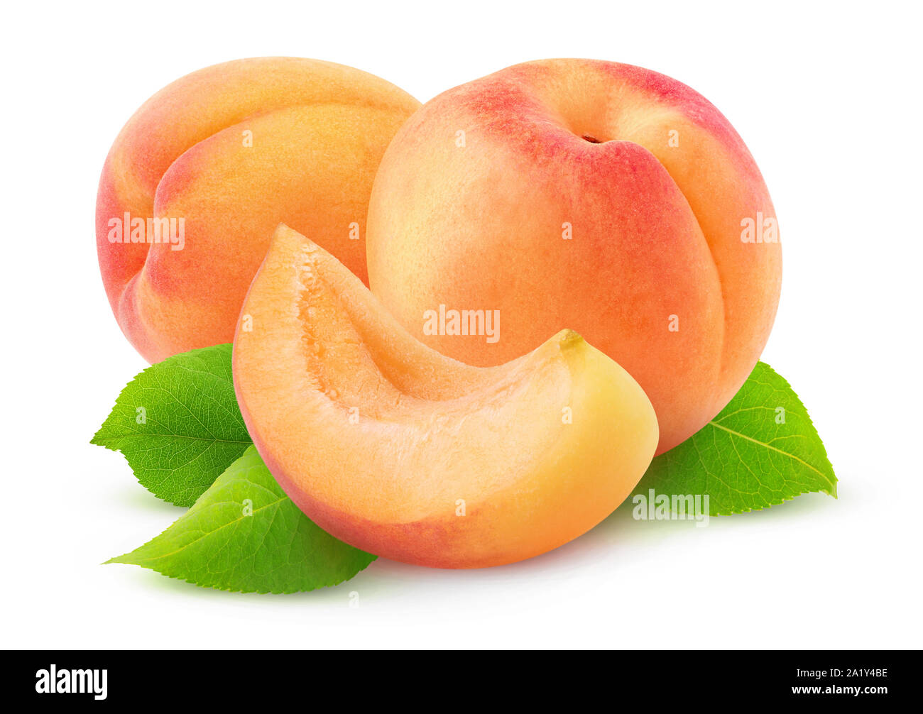 Isolated apricots. Two whole apricot fruits and a slice isolated on ...