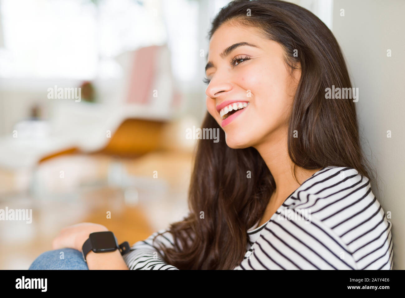 Beautiful Brunette Woman Smiling Cheerful With Big Smile Looking