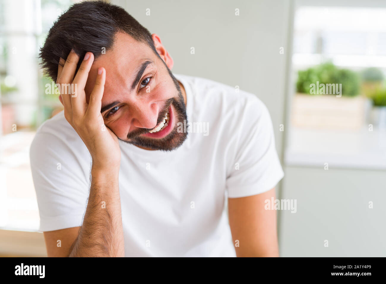 Handsome man smiling cheerful with a big smile on face showing teeth ...