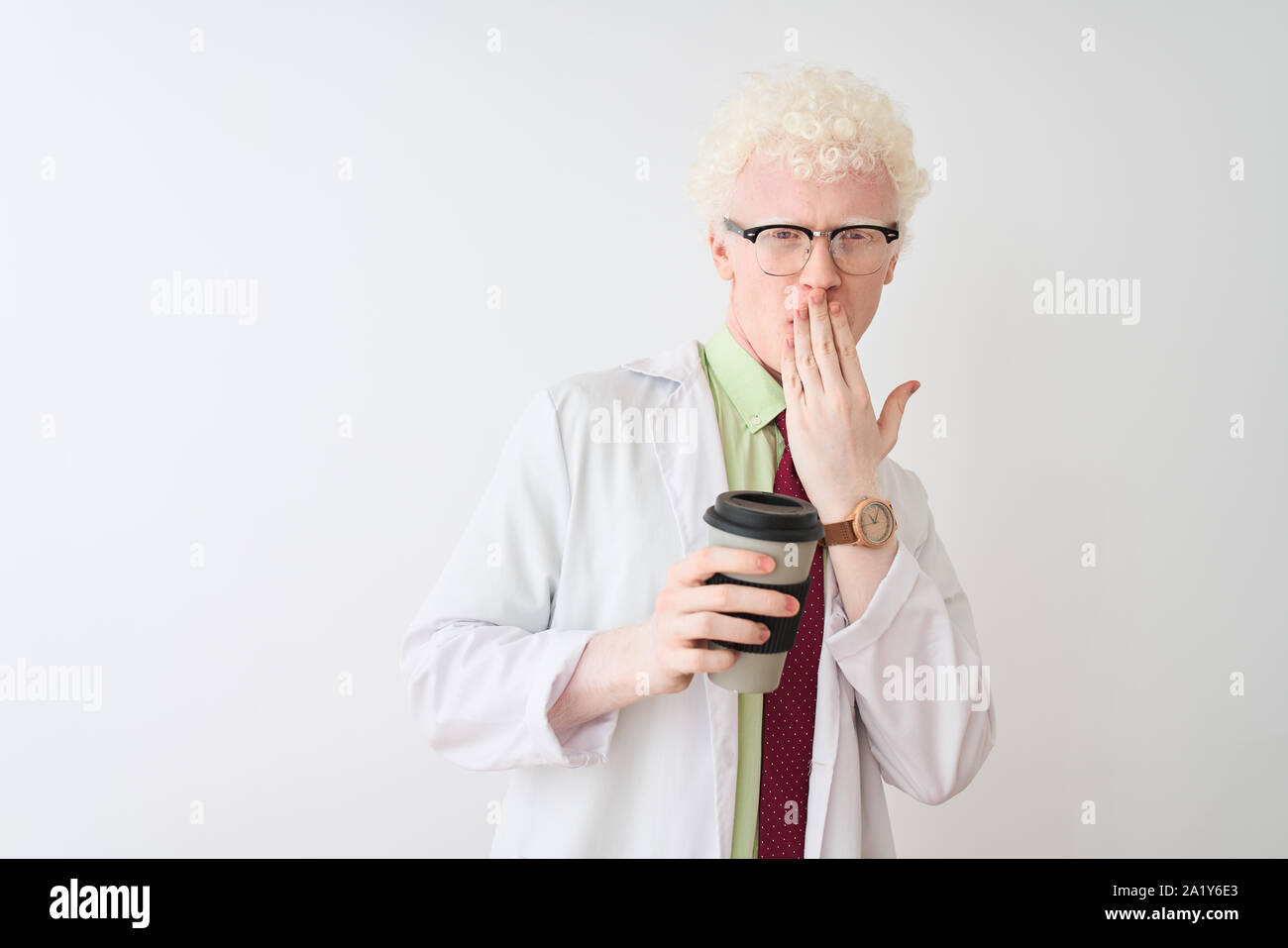 Albino scientist man wearing glasses drinking take away coffee over ...