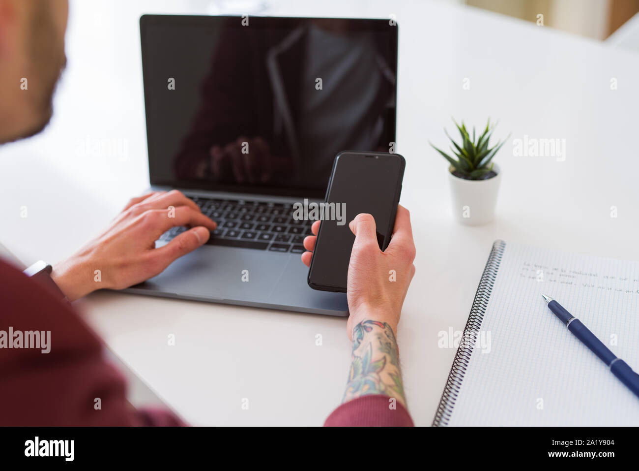 Business man working using computer laptop and smartphone, showing ...