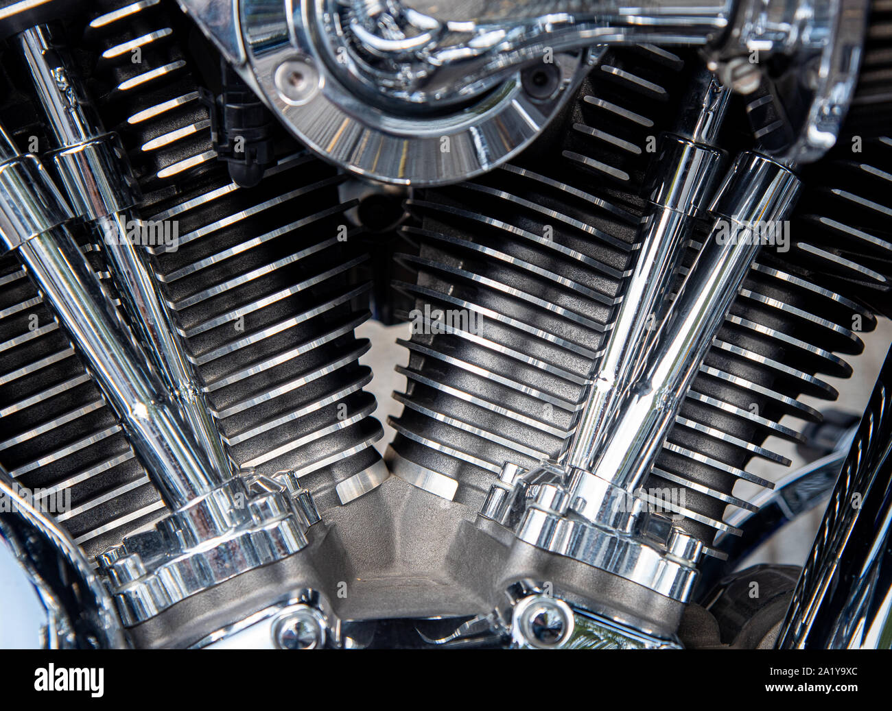 Details of a shiny Harley Davidson chrome metal Engine Stock Photo - Alamy