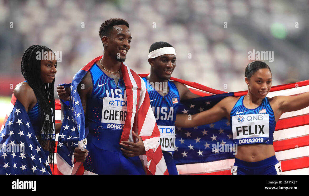 USA's Courtney Okolo (left), Michael Cherry, Allyson Felix and Wilbert ...