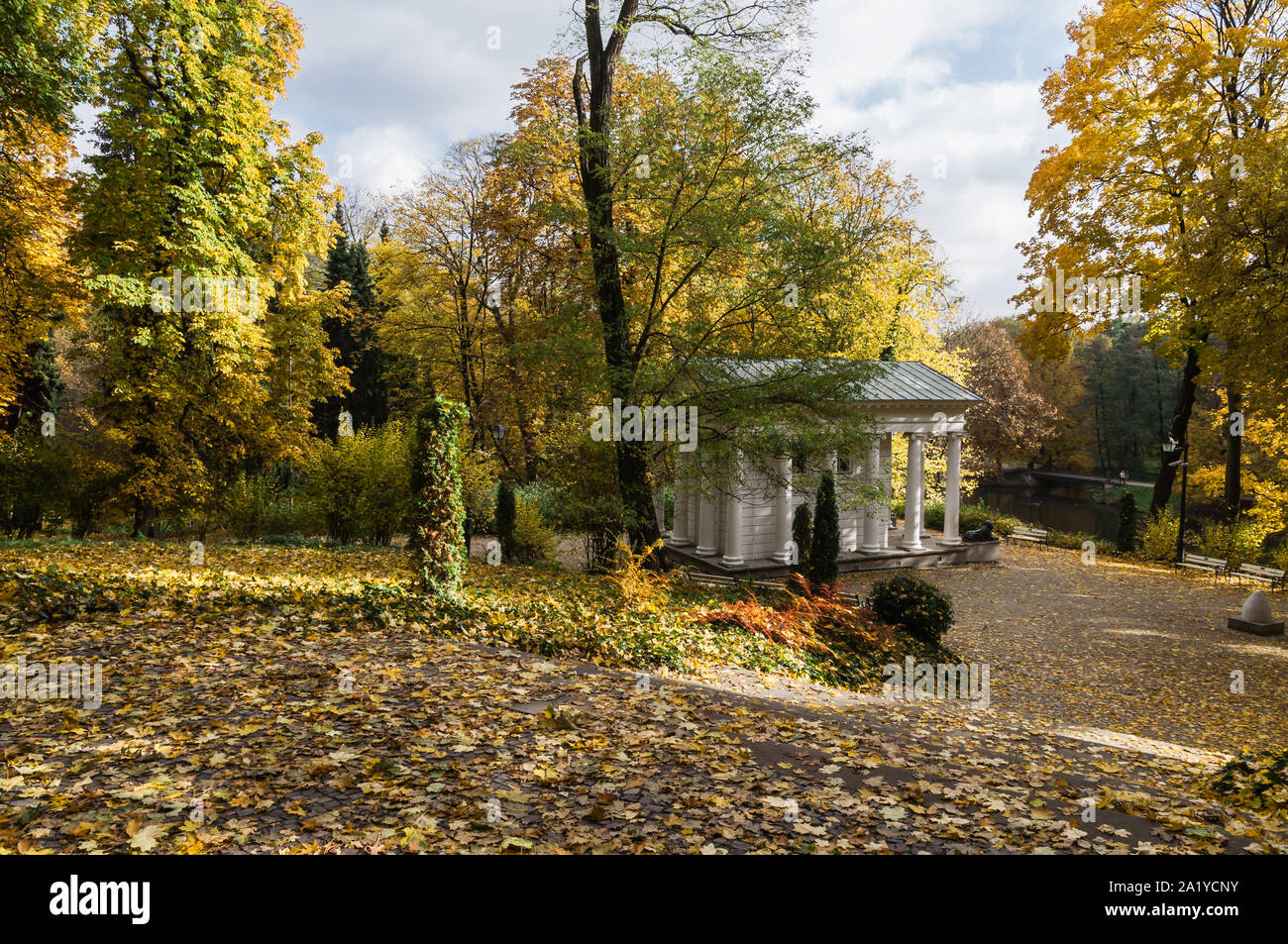 Temple of the Sibyl in Lazienki park, Warsaw, Poland, during autumn ...