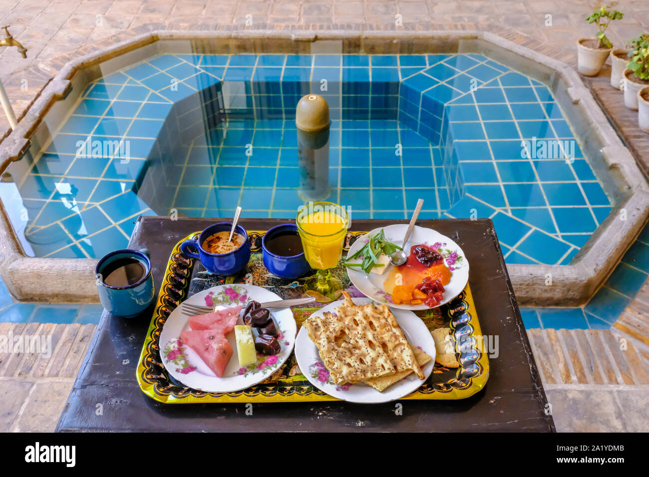 Traditional breakfast. Courtyard in an hotel Stock Photo - Alamy
