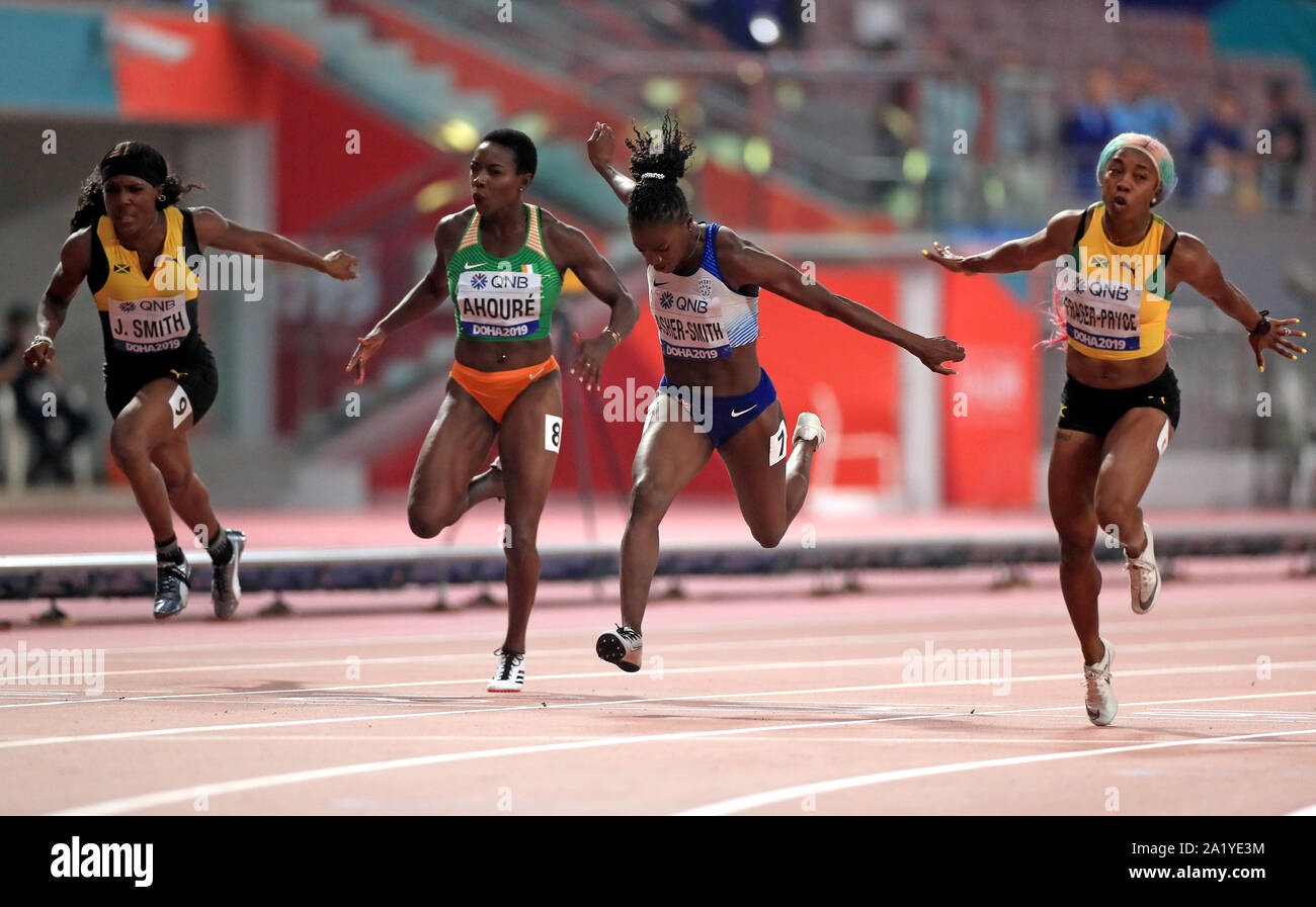 Great Britain's Dina Asher-Smith (centre) and Jamaica's Shelly-Ann ...
