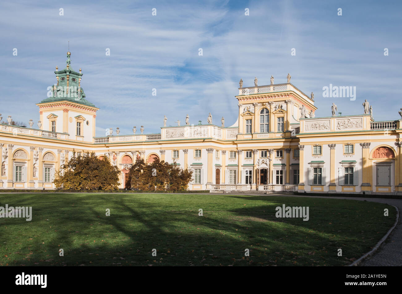 View of the garden at the front facade of Wilanow palace in Warsaw ...