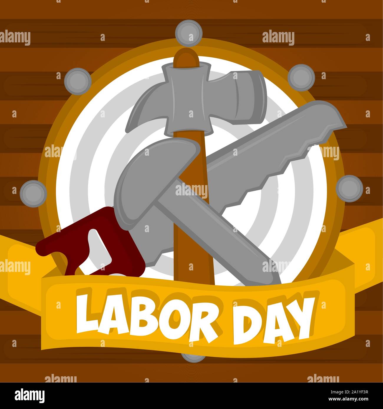 Labor day poster with a hammer, saw and construction bolt - Vector ...