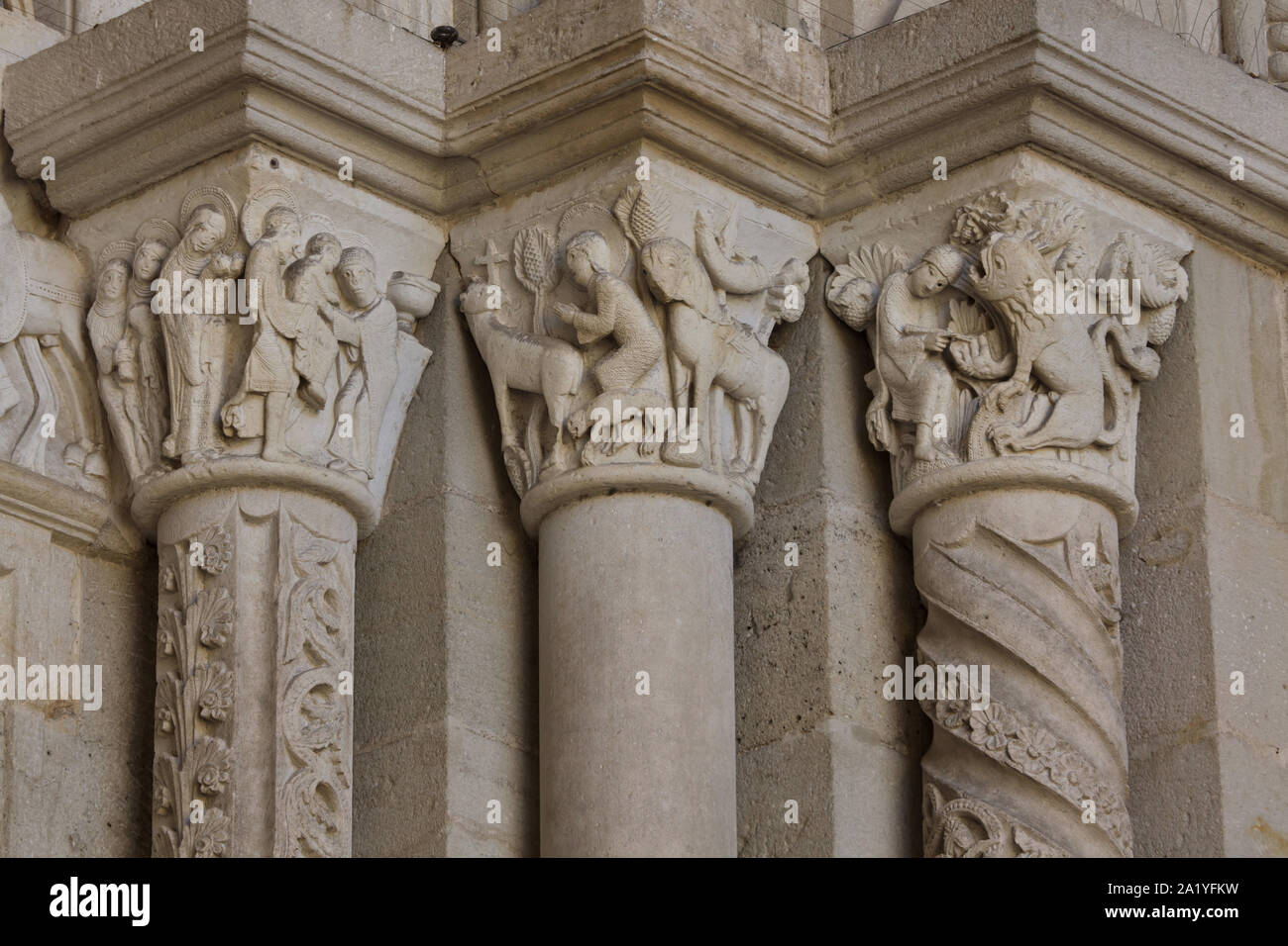 Romanesque capitals dated from the 12th century on the west portal of ...