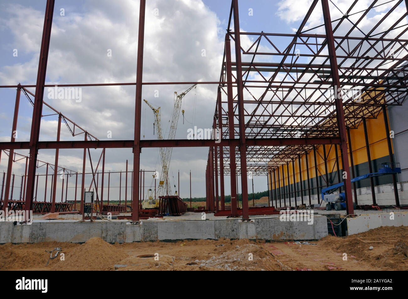Construction of a warehouse building. Installation of metal structures ...