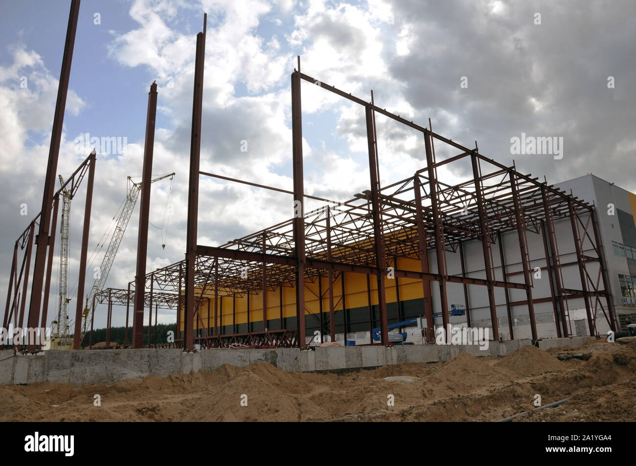 Construction of a warehouse building. Installation of metal structures ...
