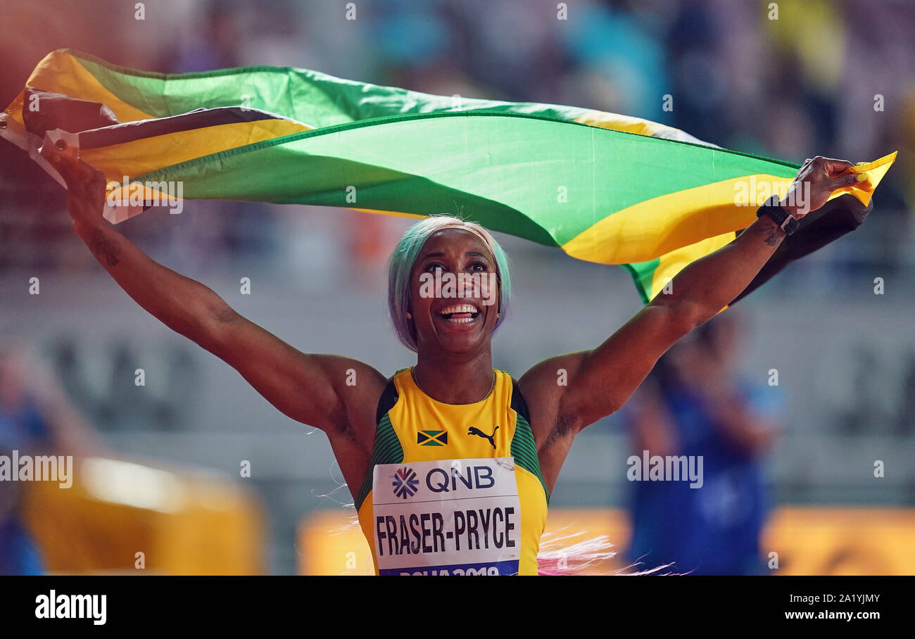 Doha, Qatar. 29th Sep, 2019. Shelly-Ann Fraser-Pryce of Jamaica winning the 100 meter for women ...
