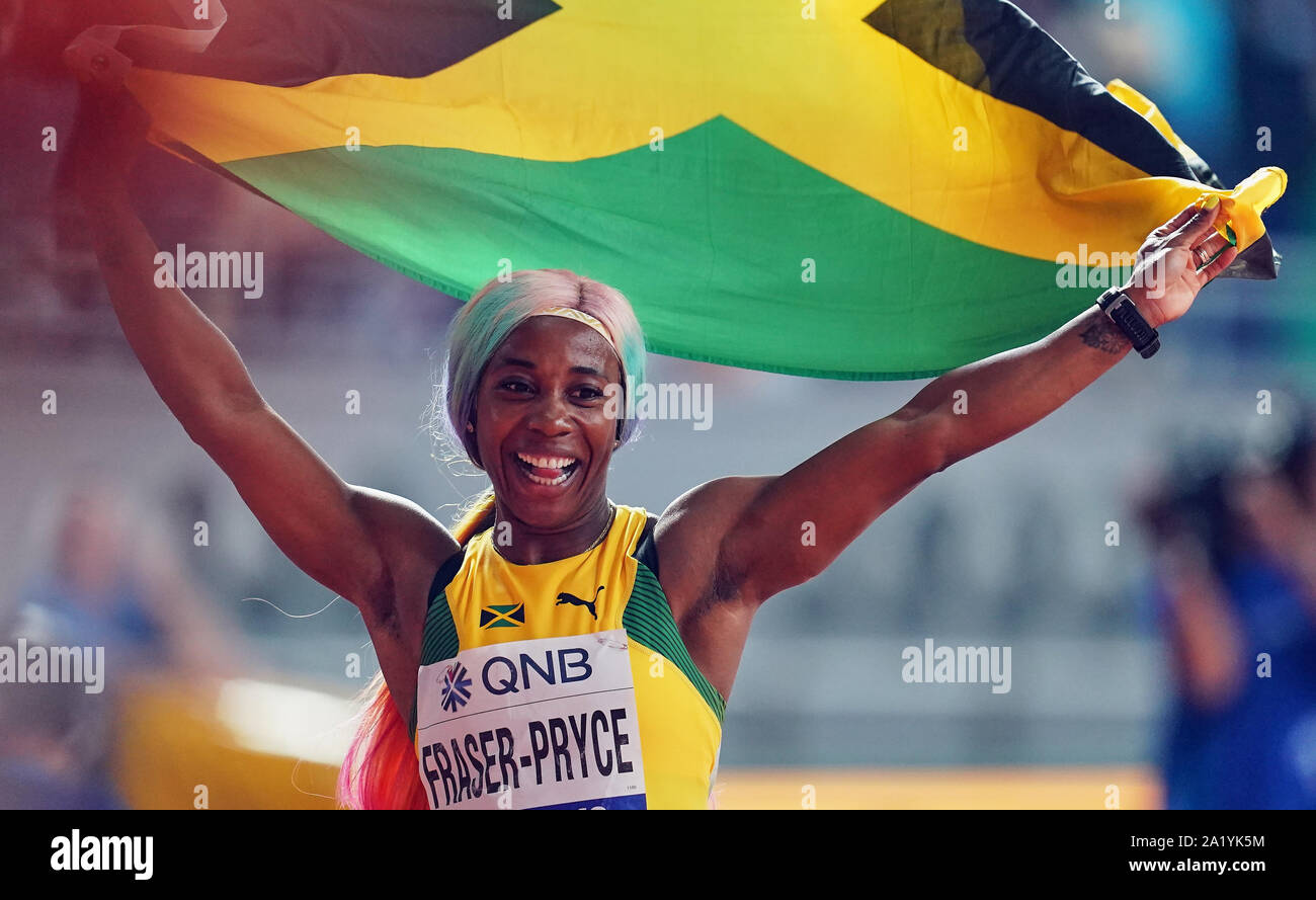 Doha, Qatar. 29th Sep, 2019. Shelly-Ann Fraser-Pryce of Jamaica winning the 100 meter for women ...