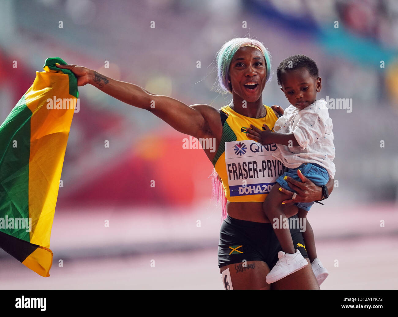 Doha, Qatar. 29th Sep, 2019. Shelly-Ann Fraser-Pryce of Jamaica winning the 100 meter for women ...