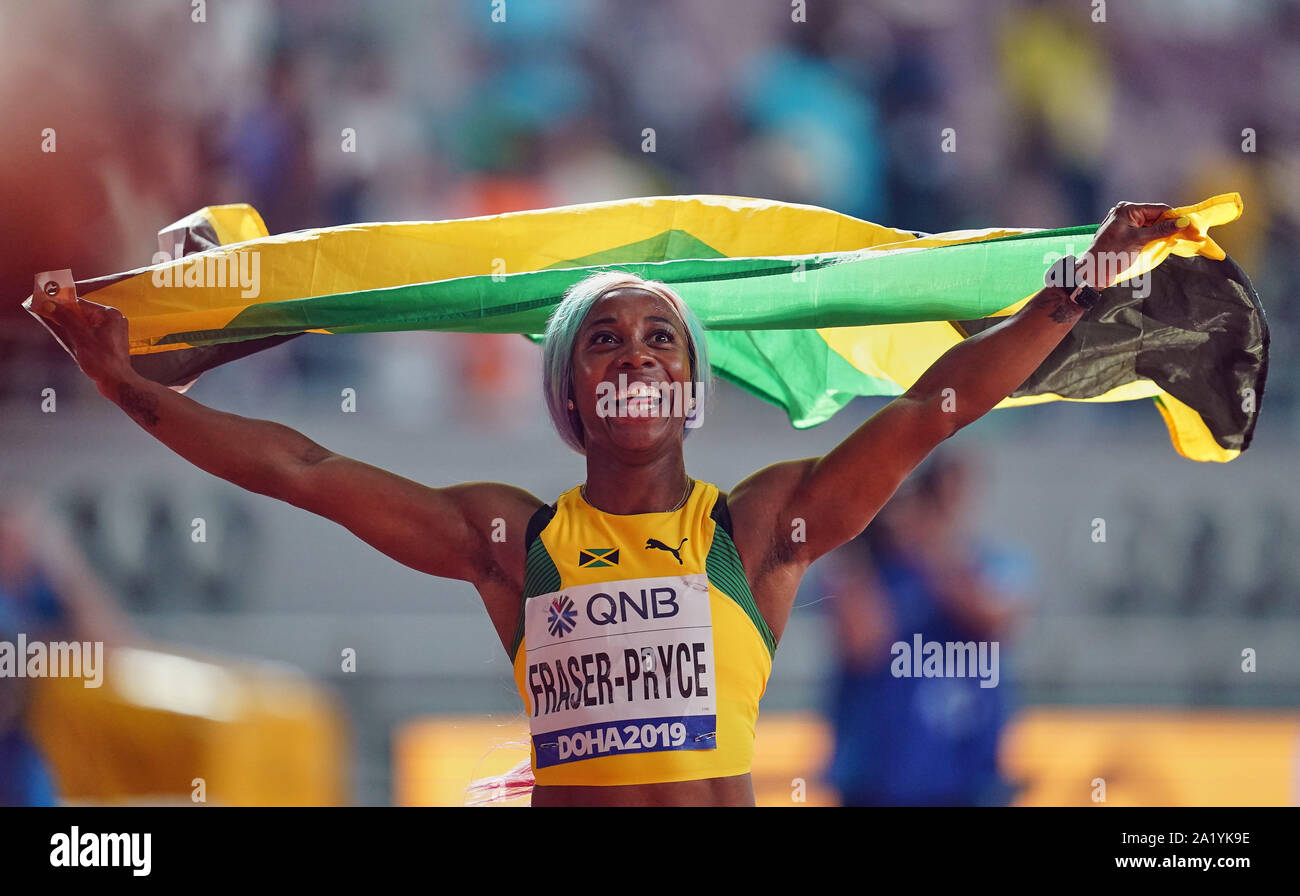 Doha, Qatar. 29th Sep, 2019. Shelly-Ann Fraser-Pryce of Jamaica winning the 100 meter for women ...