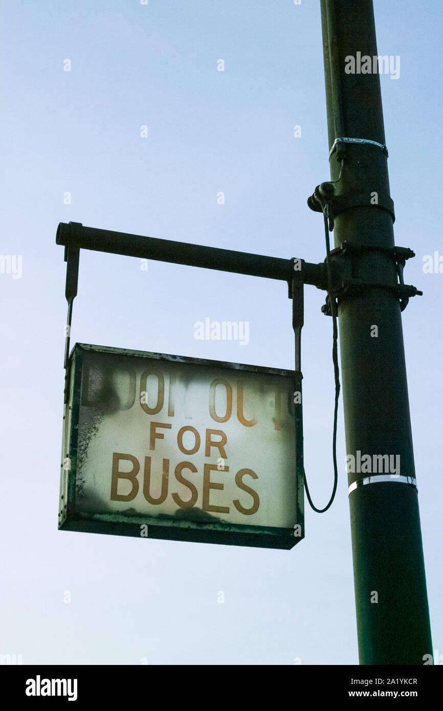 Vintage Look out for Buses sign in Chicago Stock Photo - Alamy