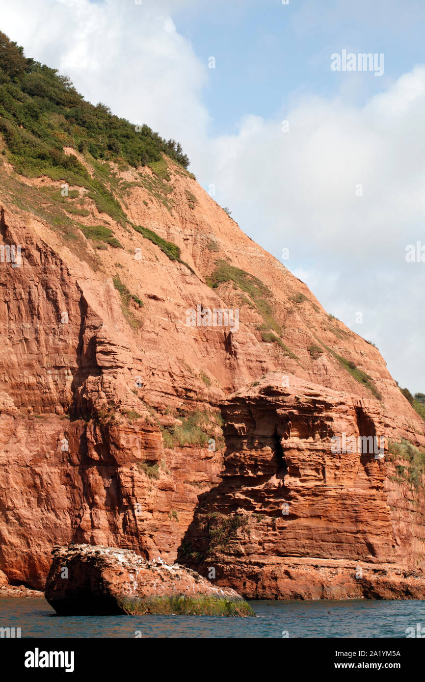 Towering red sandstone Pillar and cliffs on the East Devon coast. UK ...