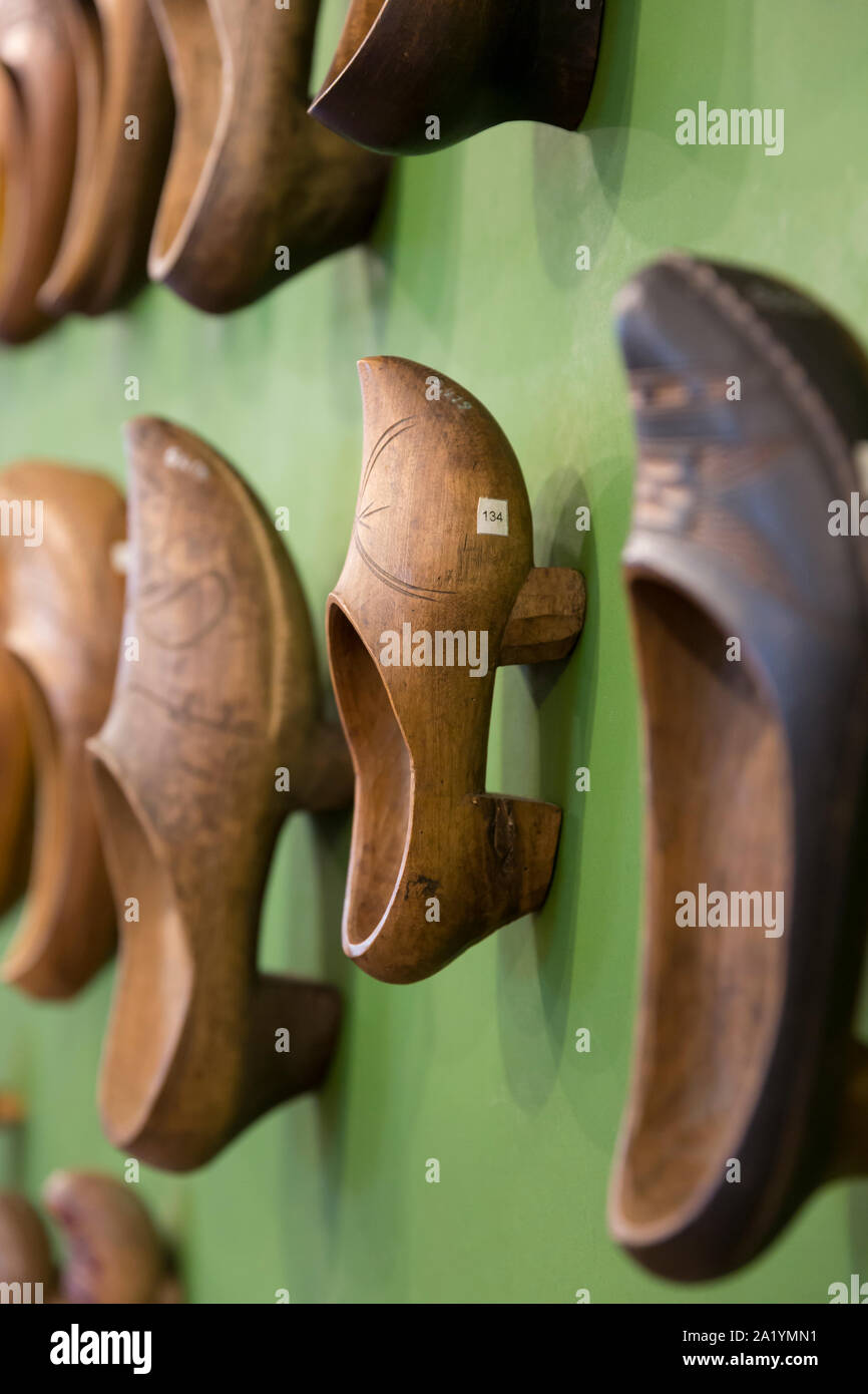 Rows of traditional wooden clogs known as madreñas on display at the ...