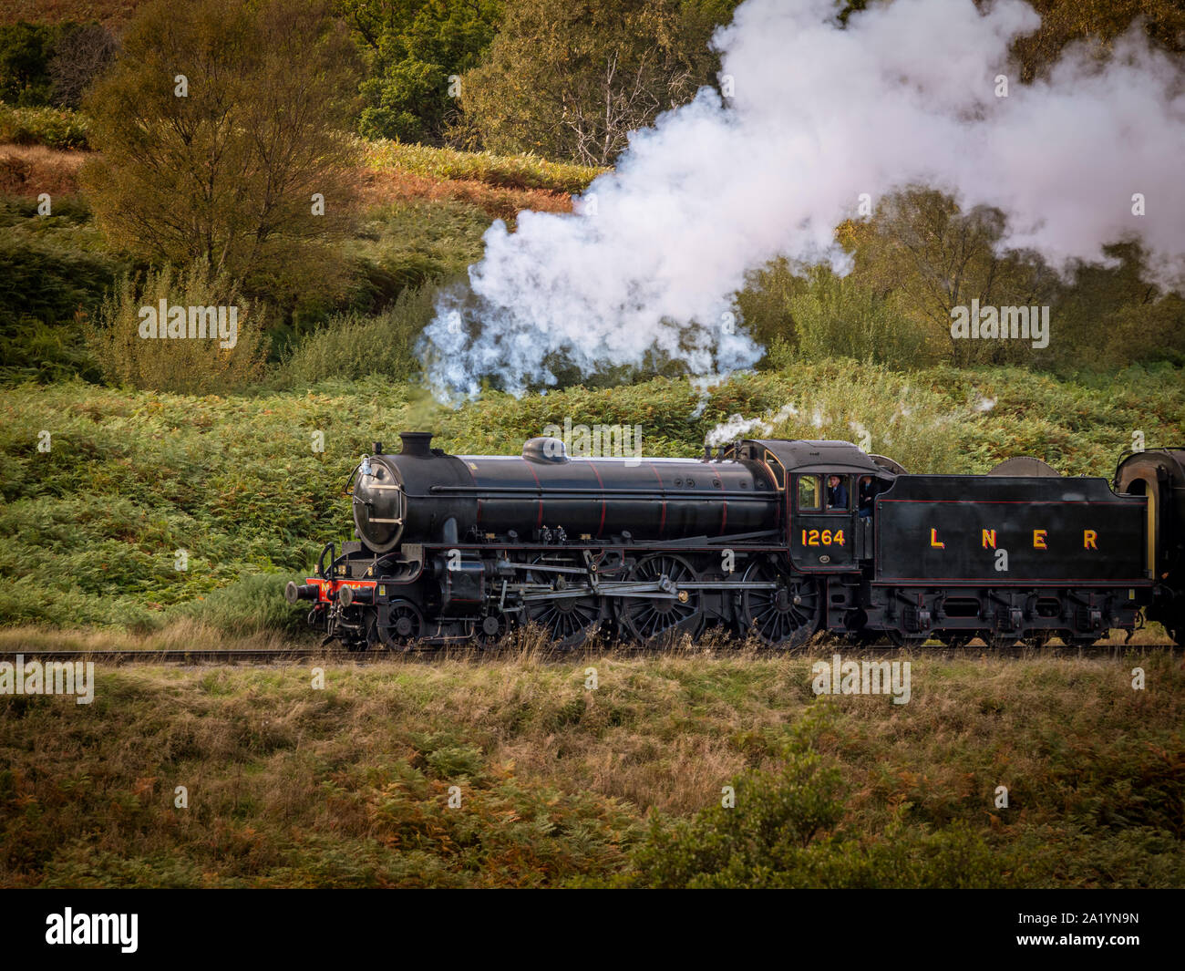 Side view of a vintage LNER steam engine on the North Yorkshire Moor ...
