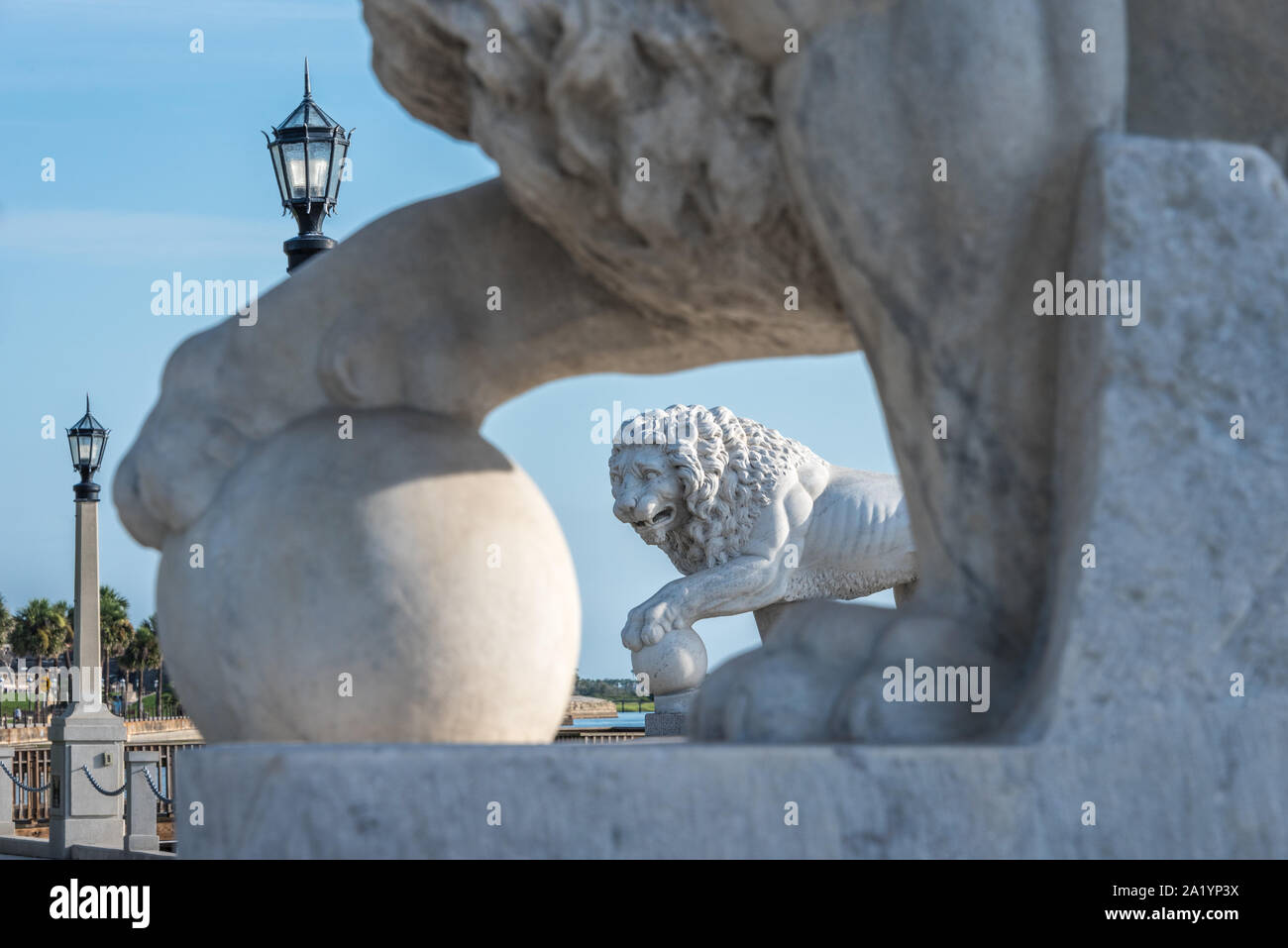 St. Augustine, Florida's iconic landmark sculptures of Carrara marble Medici lions at the foot ...