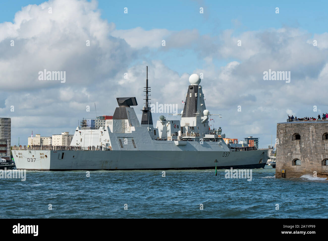 The Royal Navy warship HMS Duncan (D37) seen returning to Portsmouth ...