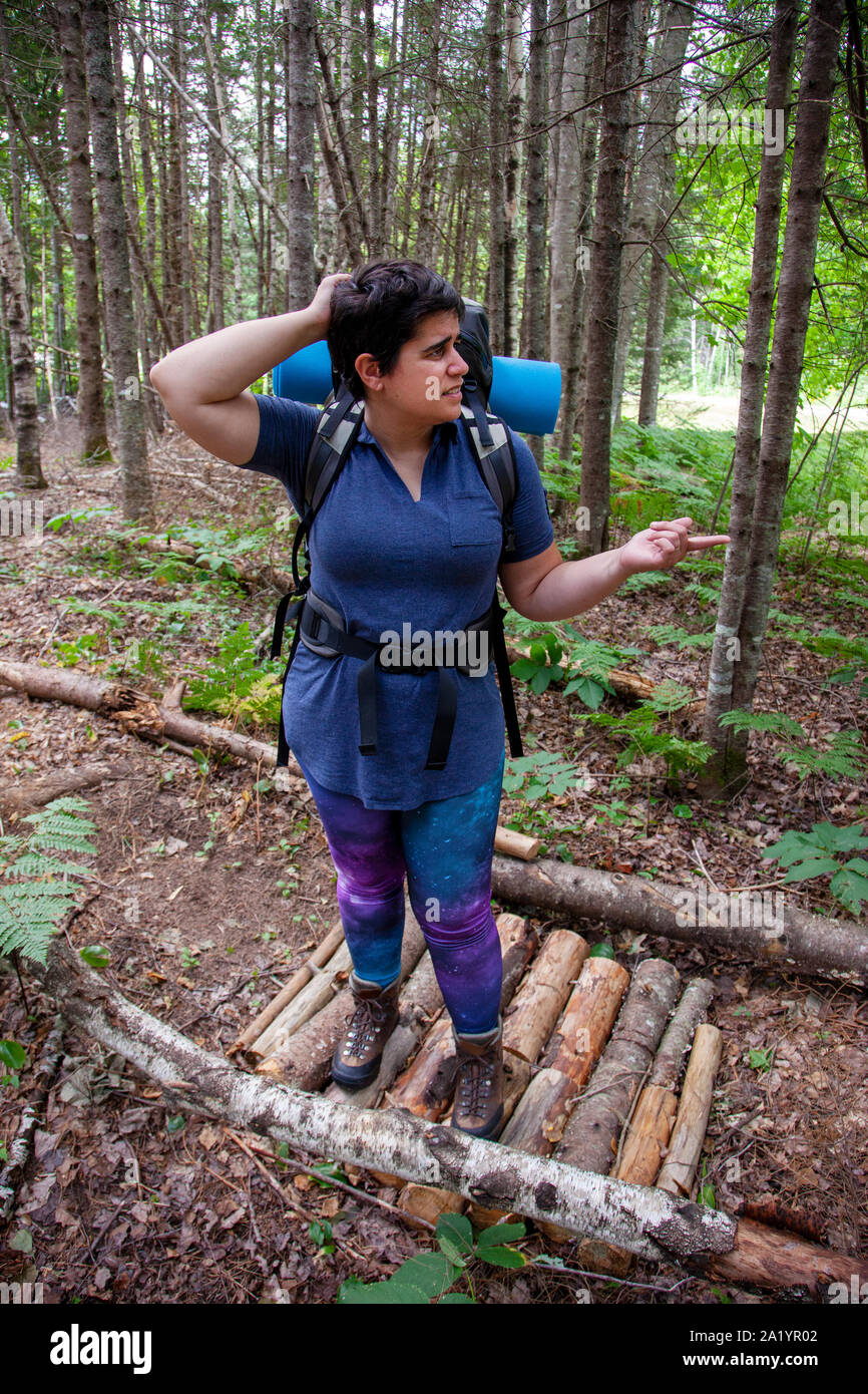 lost camper is puzzled on a path in the woods while hiking Stock Photo ...