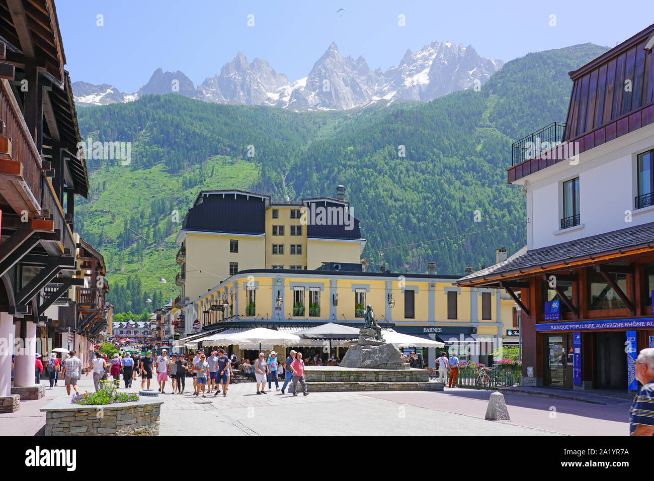 CHAMONIX, FRANCE -26 JUN 2019- View of the village of Chamonix, a ...
