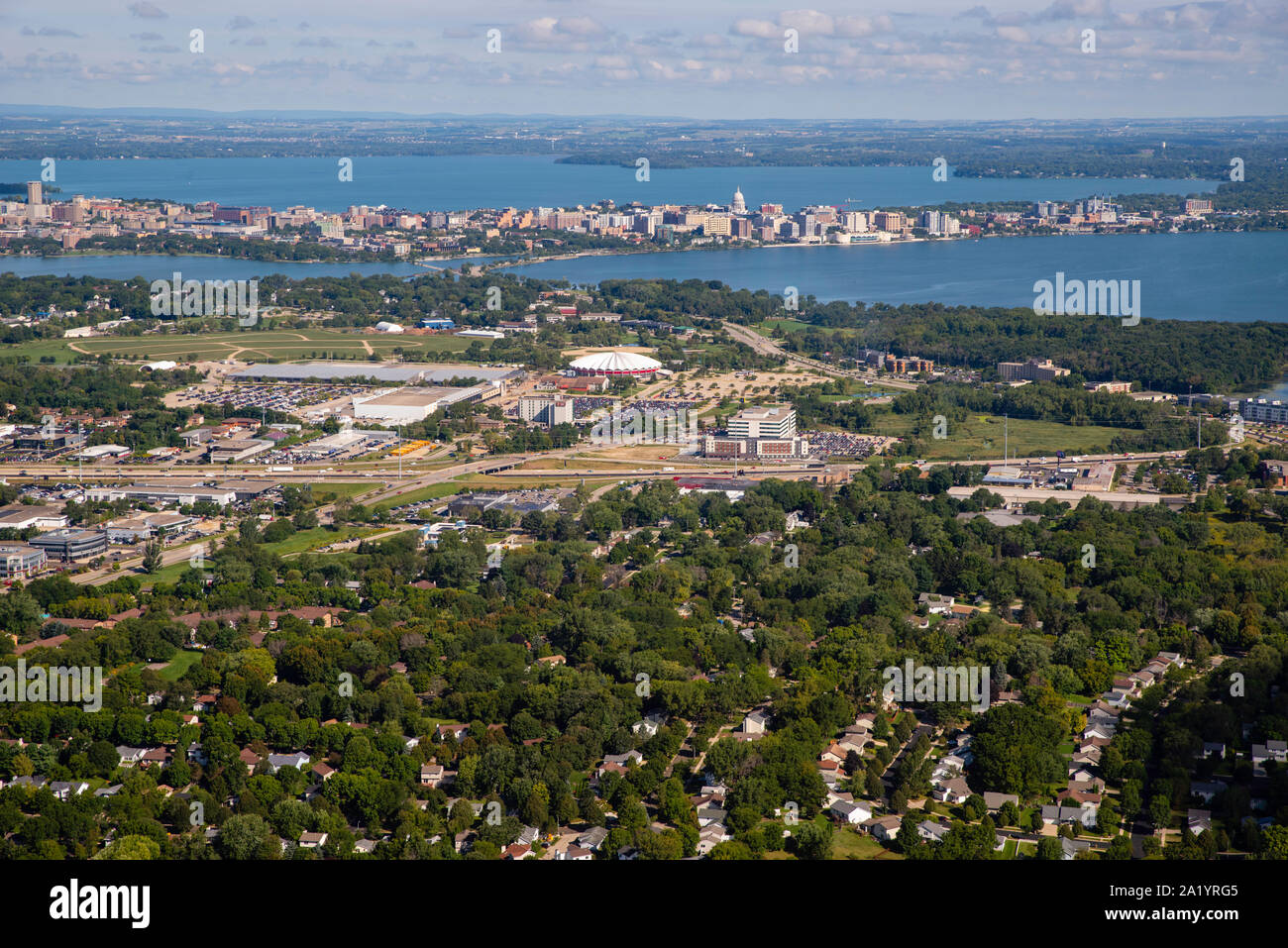 Aerial photograph of beautiful Madison, Wisconsin on a summer morning ...