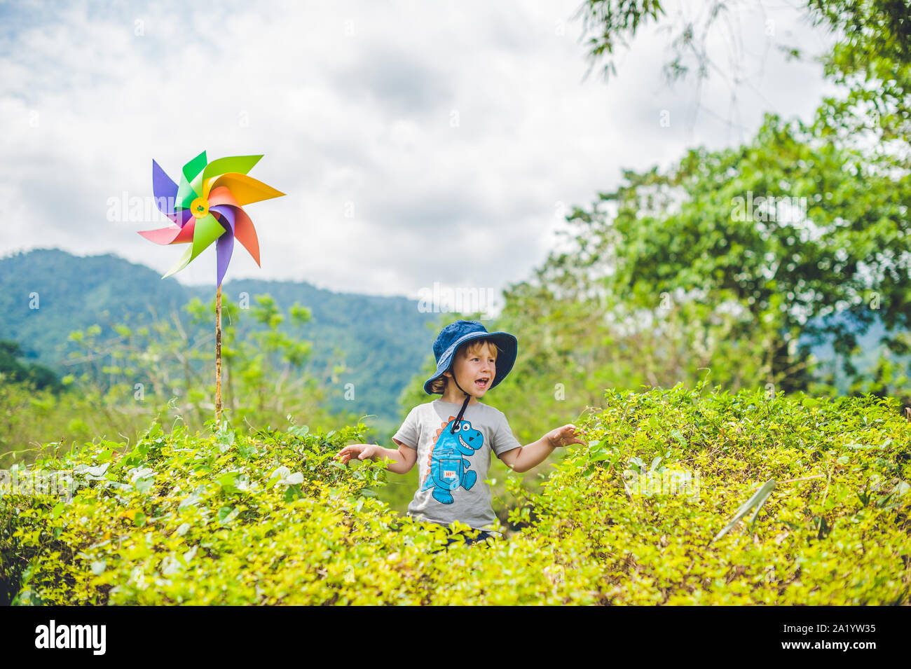 Cute little boy and a pinwheel windmill Stock Photo - Alamy