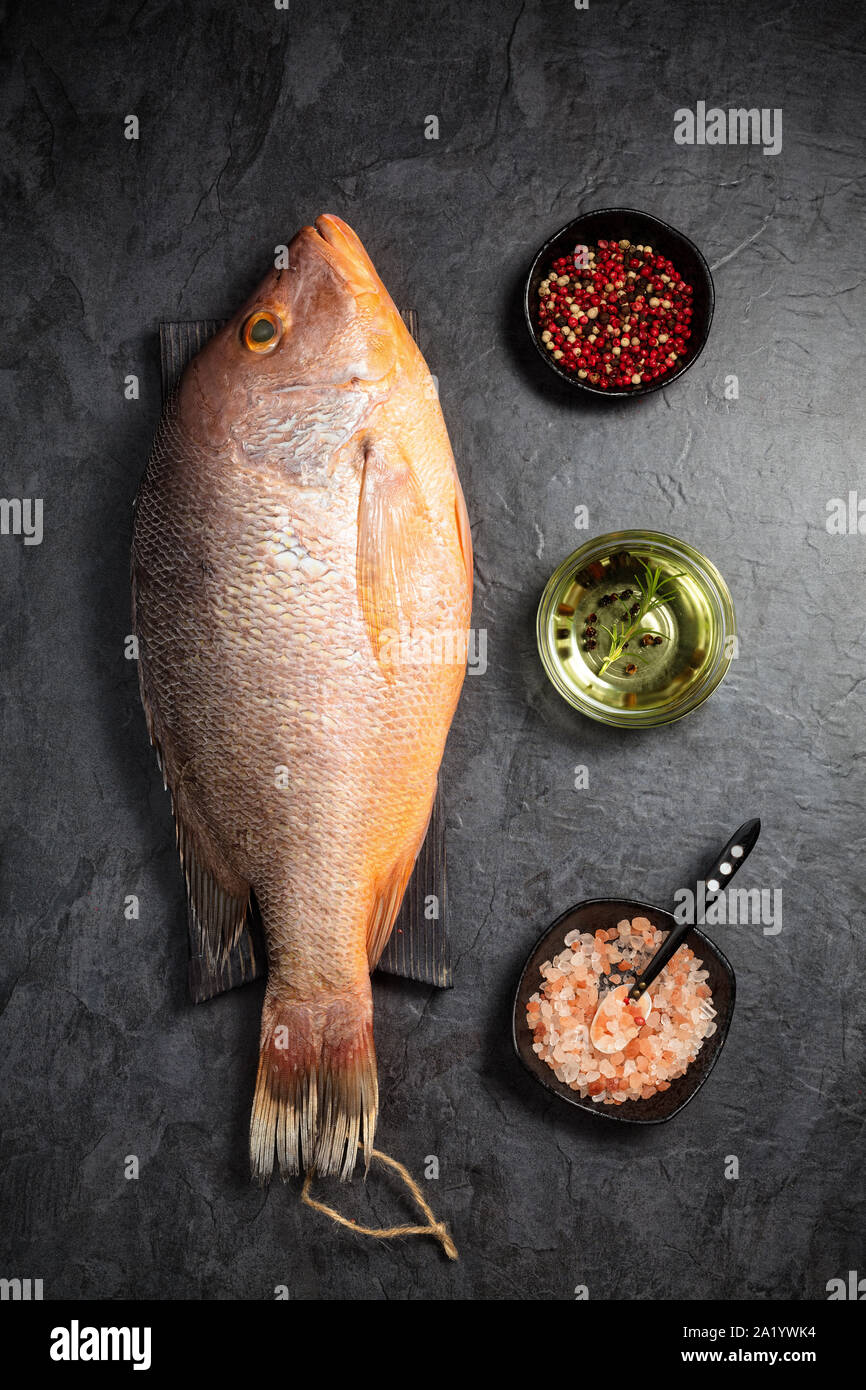 Fresh raw red snapper fish with red pepper, olive oil and Himalayan ...