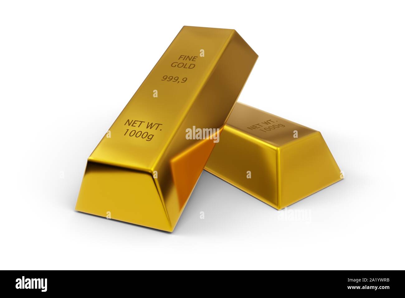 Two shiny gold ingots or bars over white background - precious metal or money investment concept ...