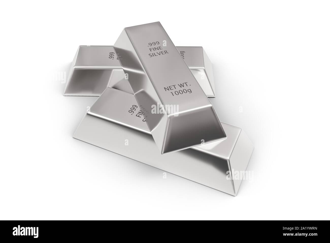 Three shiny silver ingots or bars over white background - precious metal or money investment ...