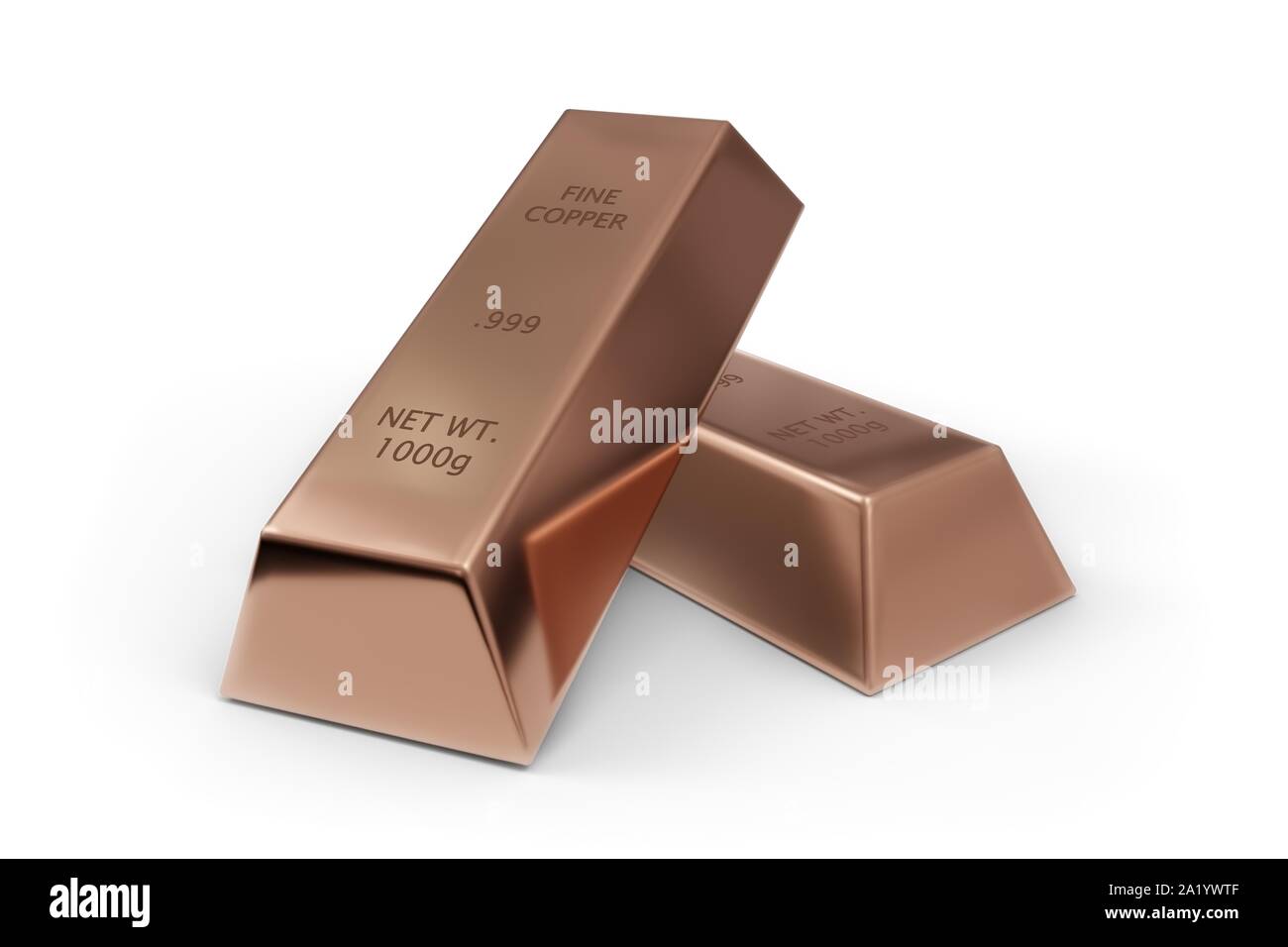 Two shiny copper ingots or bars over white background - essential electronics production metal ...