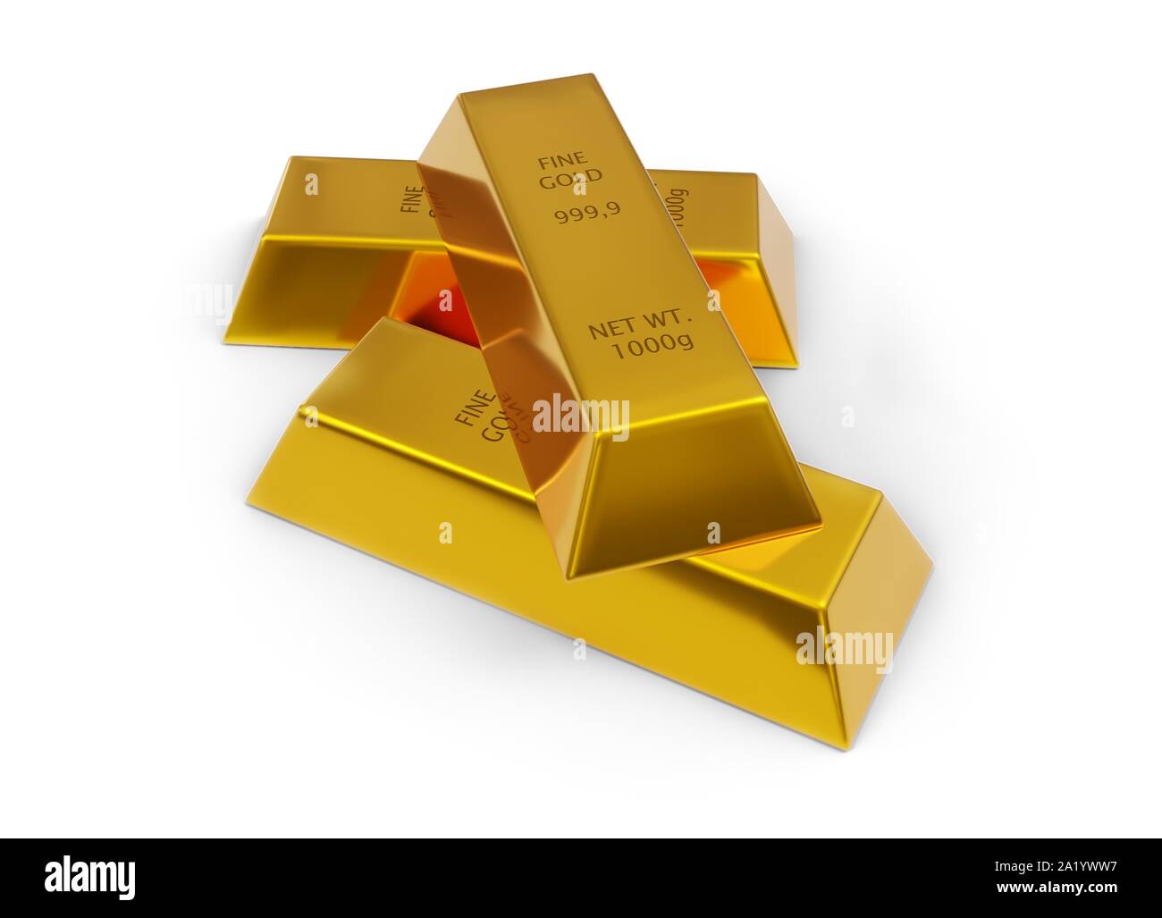 Three shiny gold ingots or bars over white background - precious metal or money investment ...