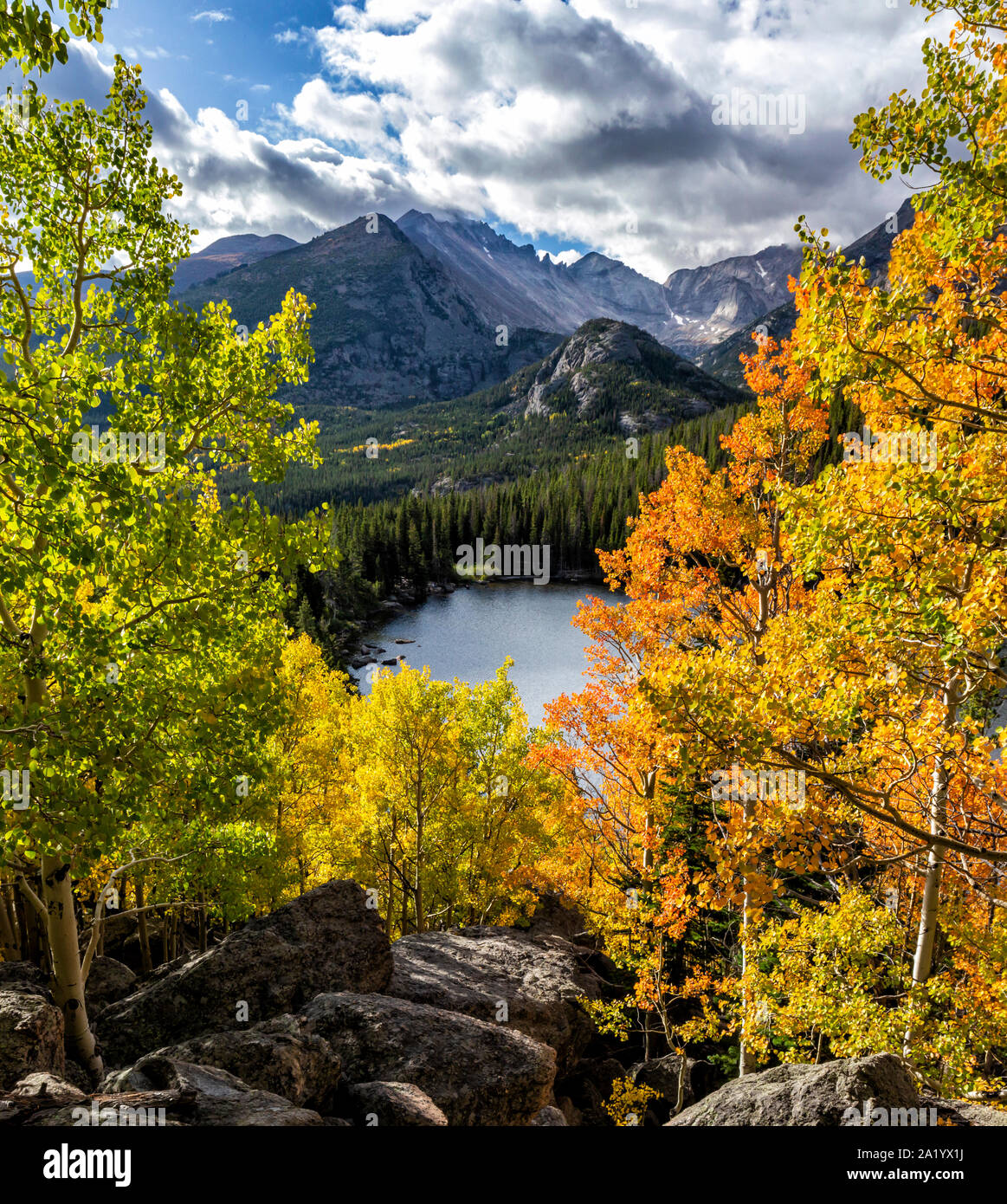 Clouds above Longs Peak set off colorful aspen leaves above Bear Lake ...