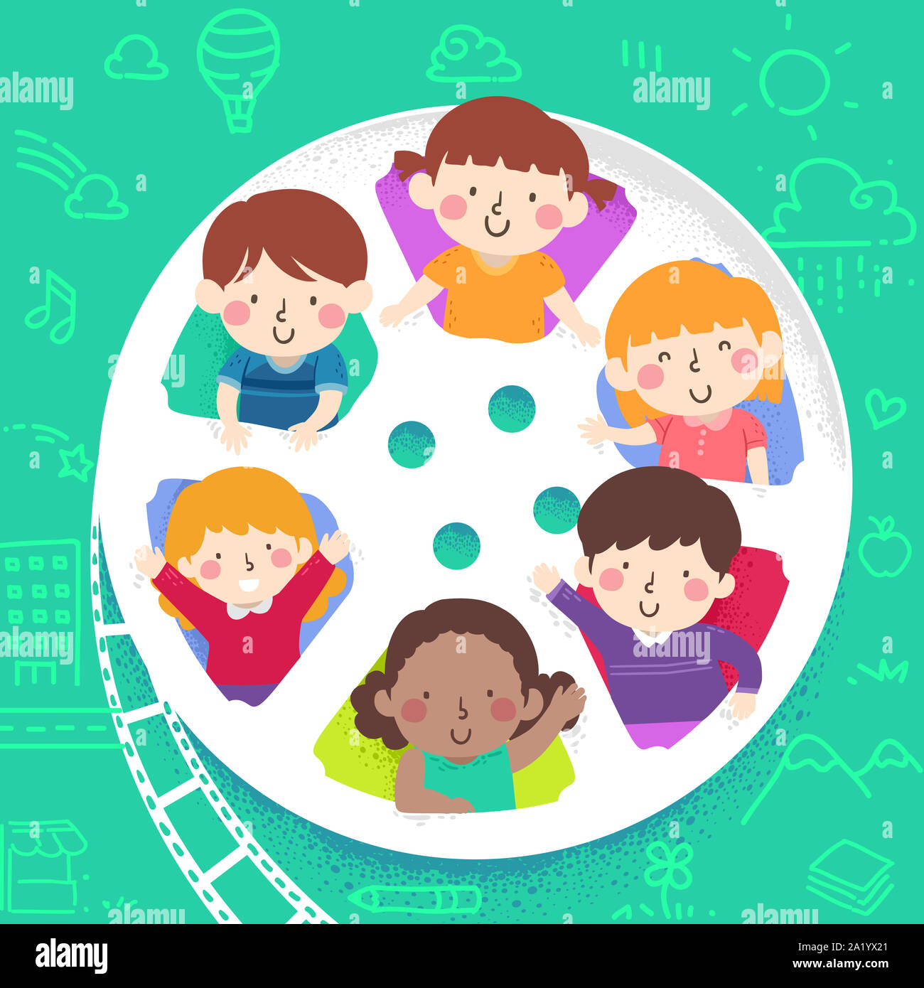 Illustration of Kids Waving and a Film Reel with Movie Doodles Behind ...