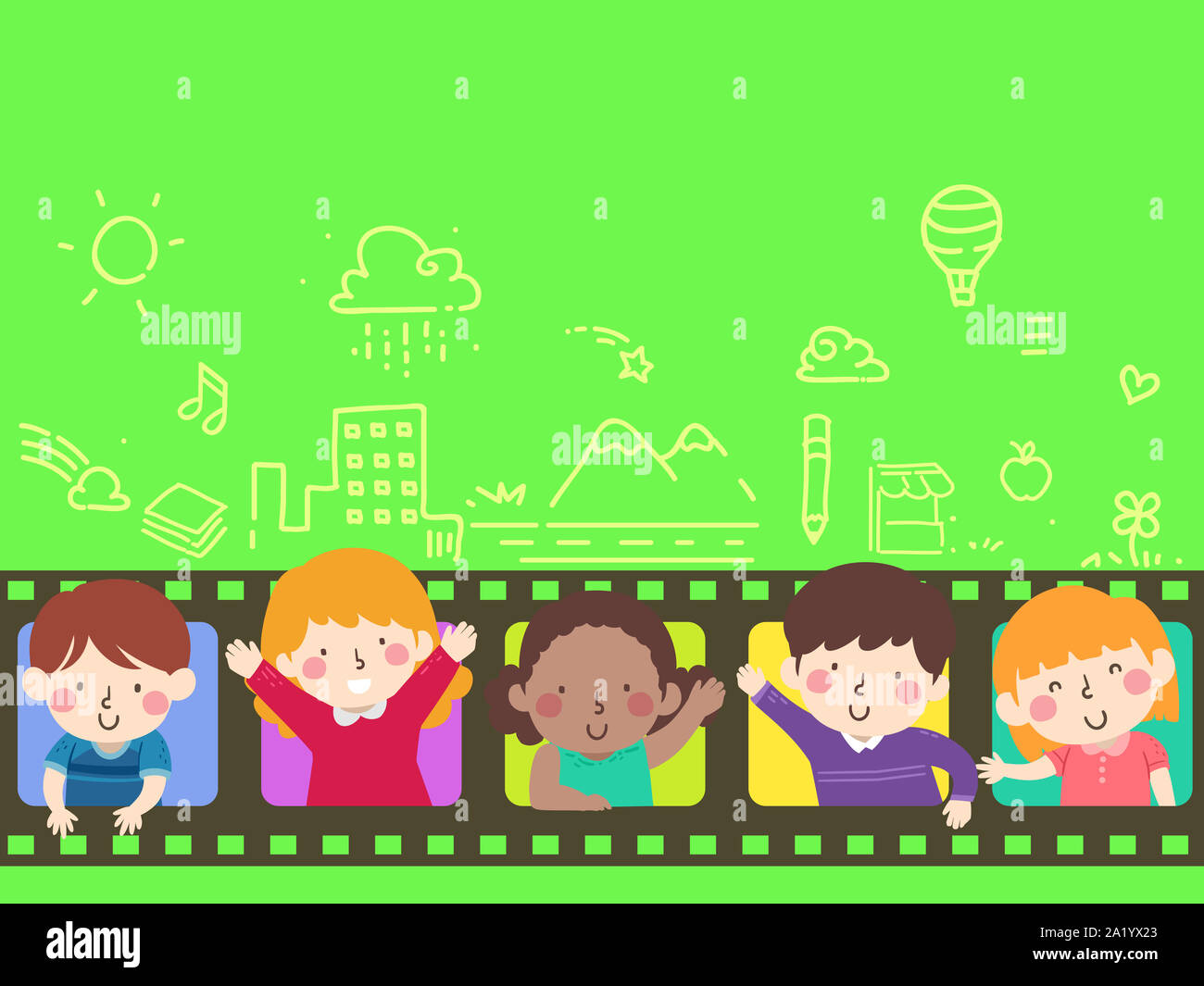 Illustration of Kids Waving From Inside a Film with Movie Doodles Above ...