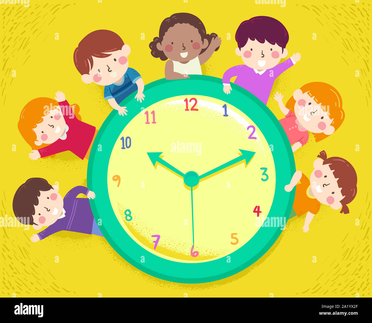 Illustration of Kids Smiling and Waving and a Big Clock Stock Photo - Alamy