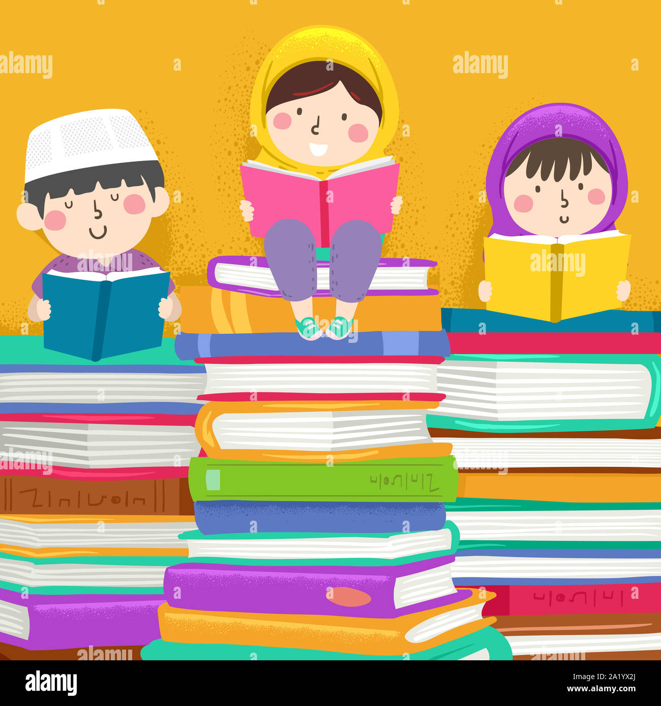 Illustration of Muslim Kids Reading Books on Stack of Books Stock Photo ...