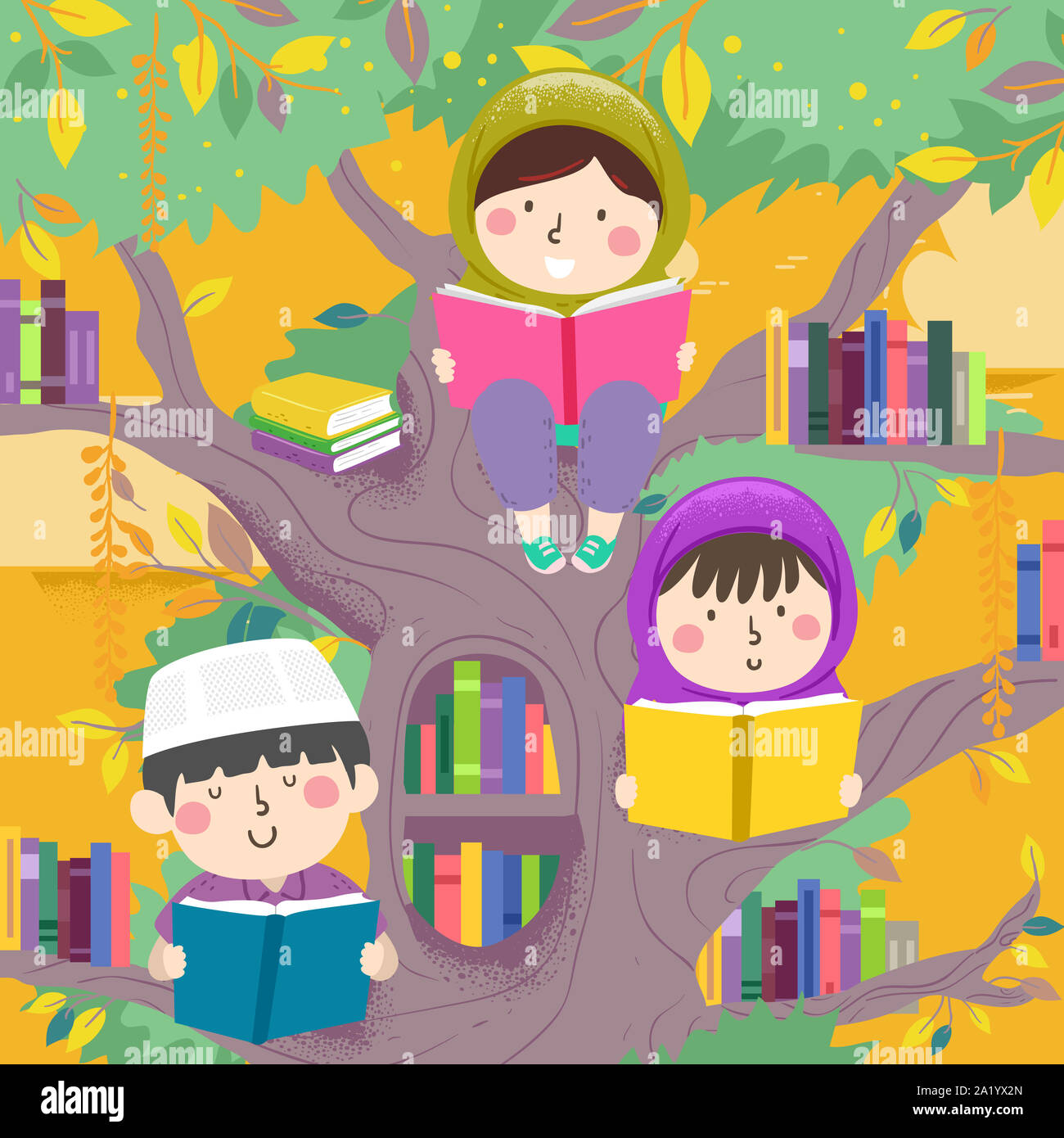Illustration of Muslim Kids Reading Books On Tree Branches Full of ...